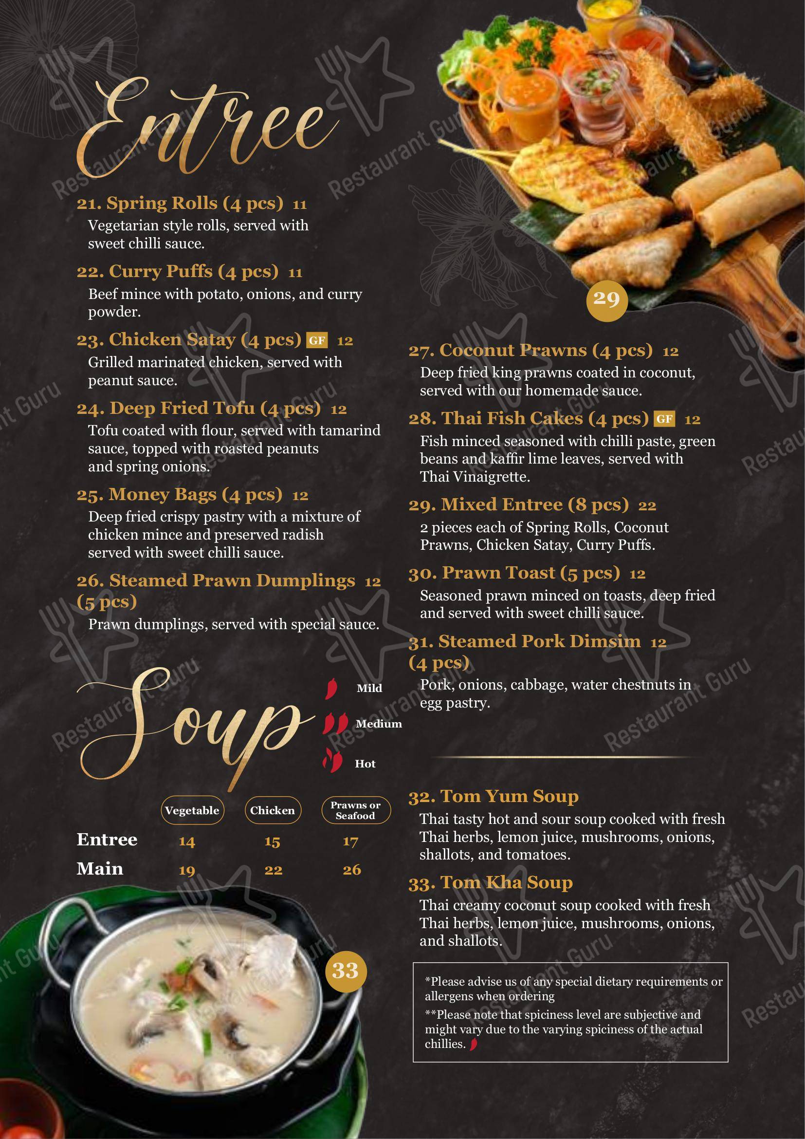 Menu at Thai Naramit restaurant, Hendra