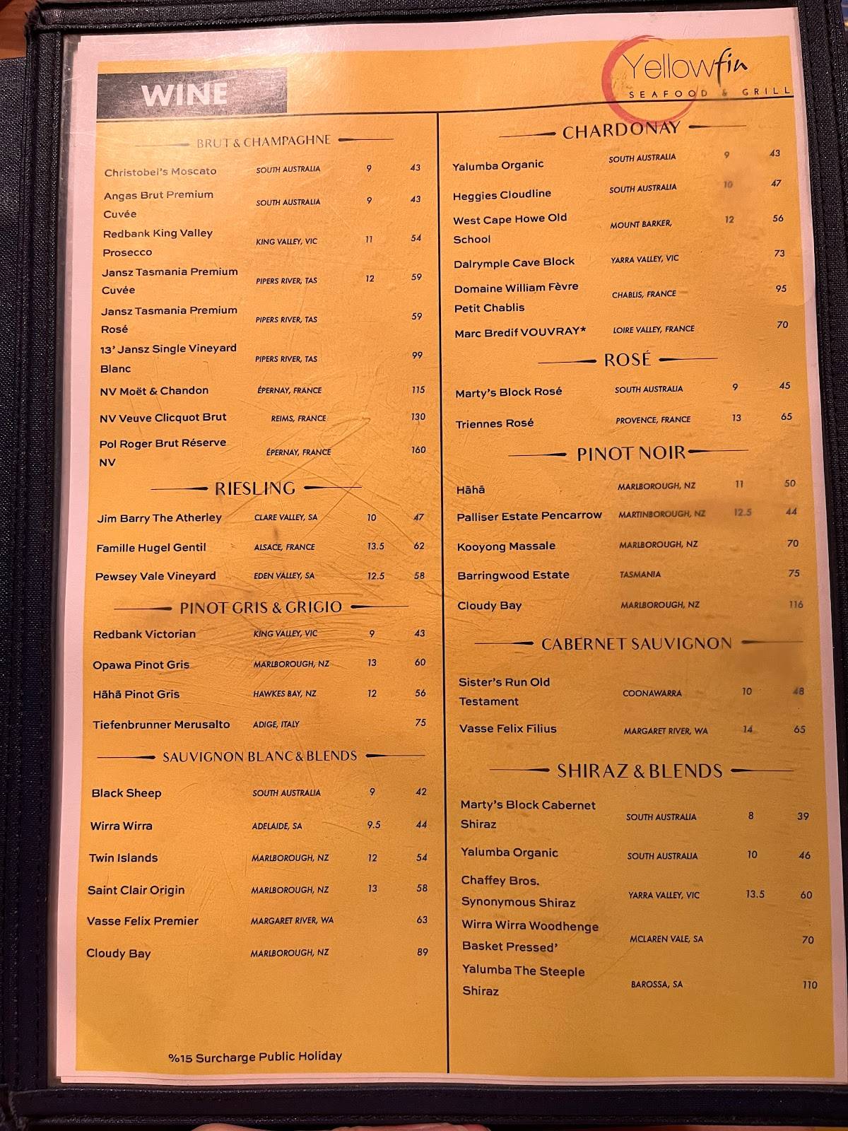 Menu at Sage Yellowfin restaurant, South Brisbane