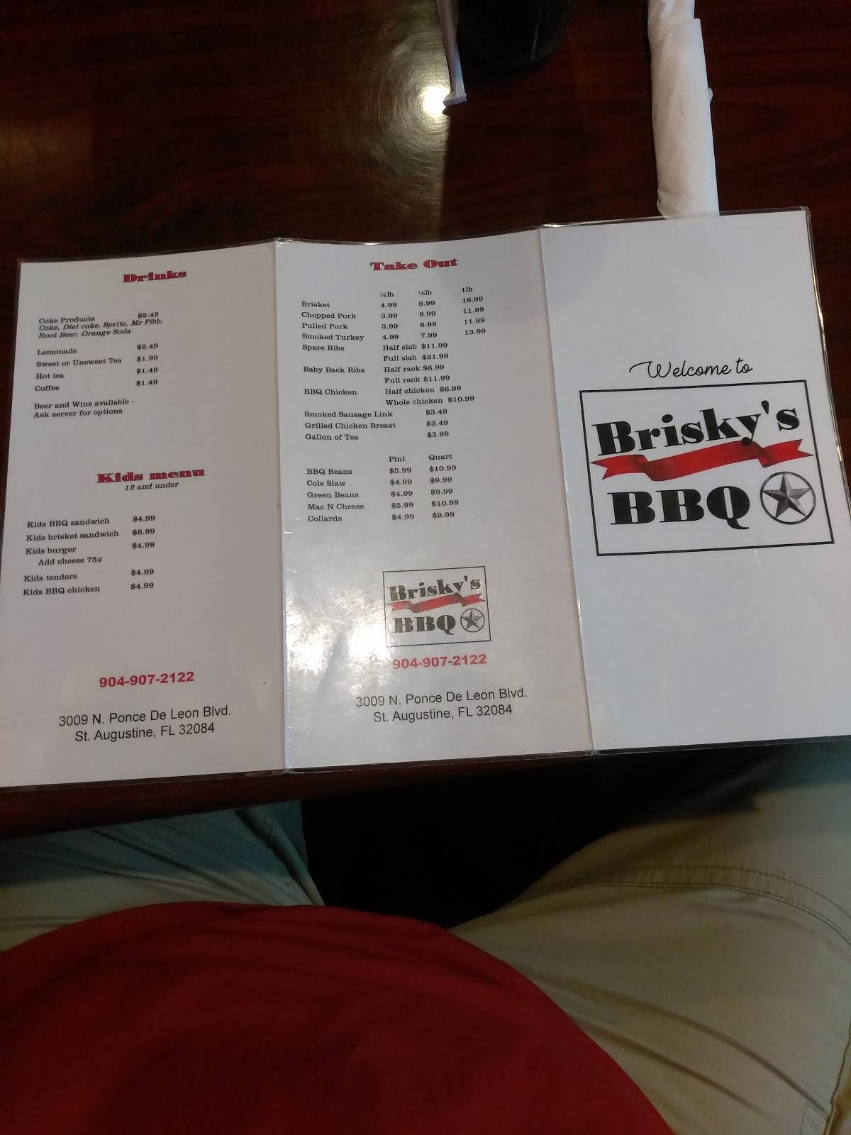 Menu at Brisky's BBQ, St. Augustine