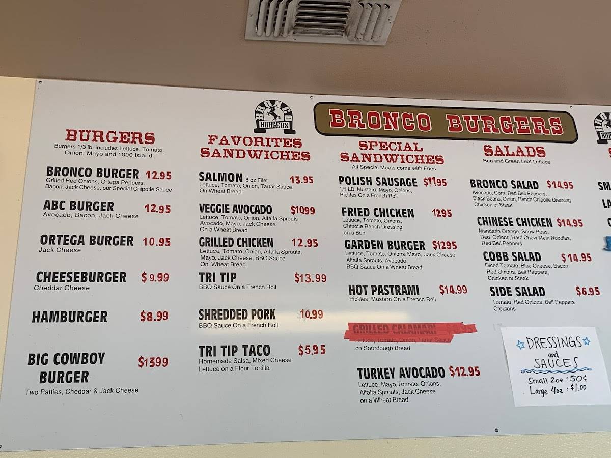 Menu at Bronco Burger restaurant, Paso Robles