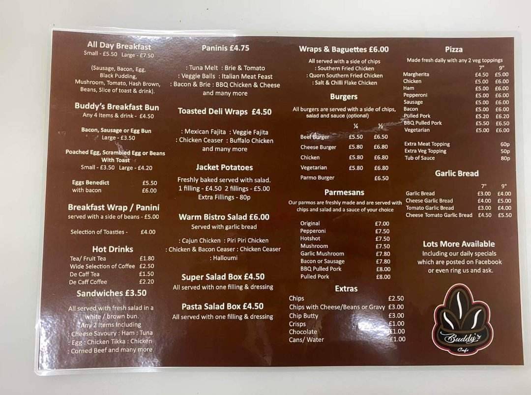 Menu at Buddy's cafe, Mysuru
