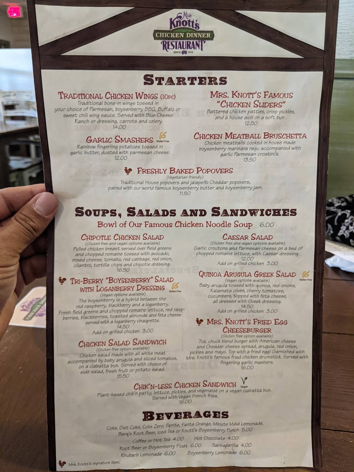 Menu at Mrs. Knott's Chicken Dinner Restaurant, Buena Park