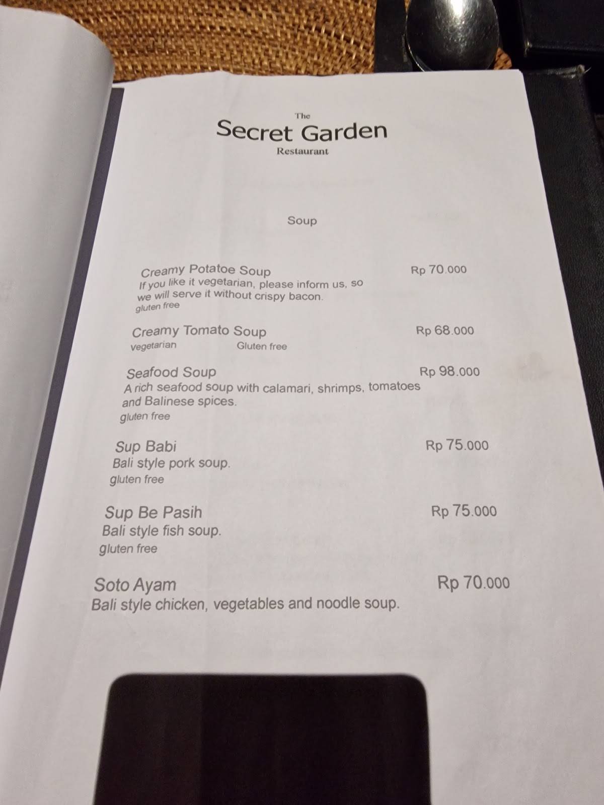 Menu at Secret Garden Restaurant, Anturan