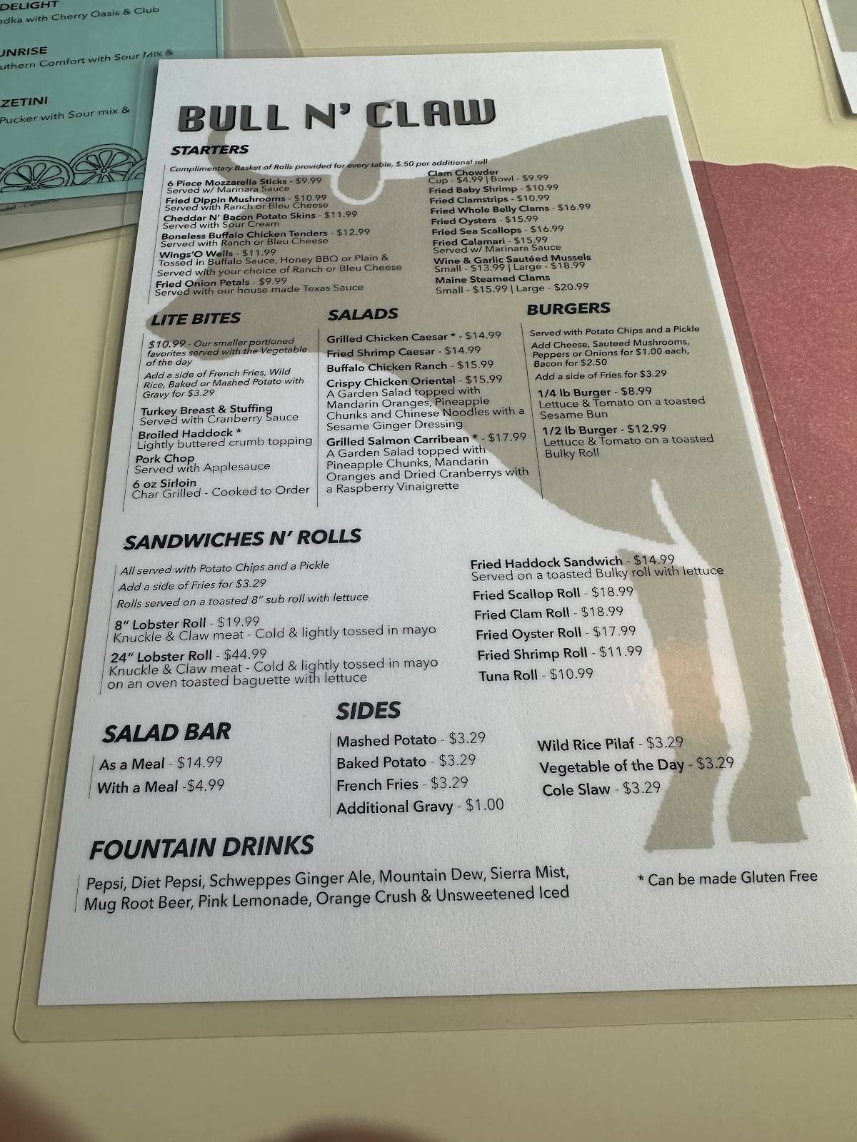 Menu at Bull N' Claw restaurant, Wells