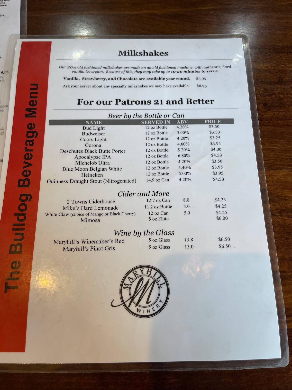 Menu at Bulldog Diner restaurant, Rufus
