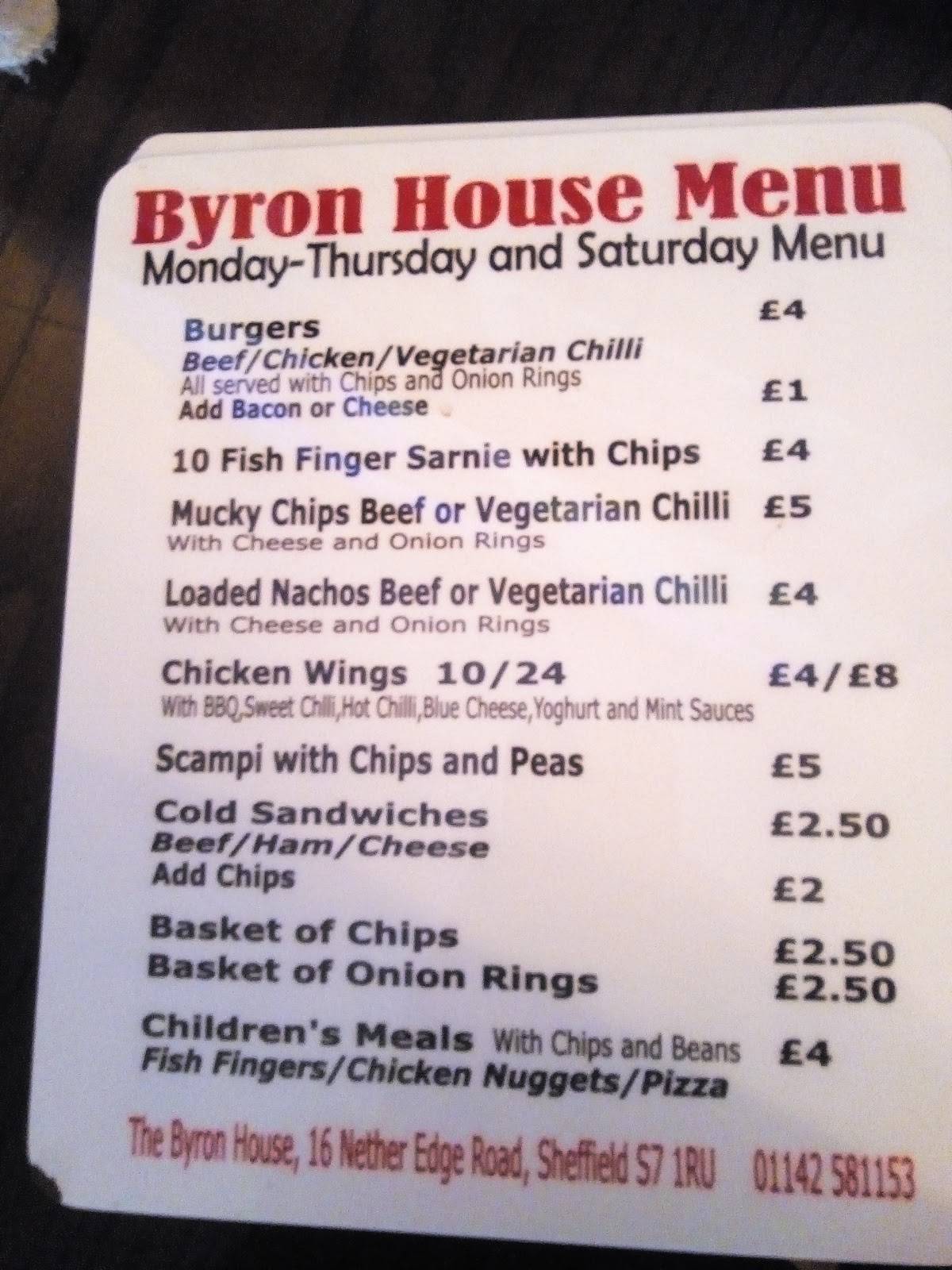 Menu at Byron House pub & bar, Sheffield