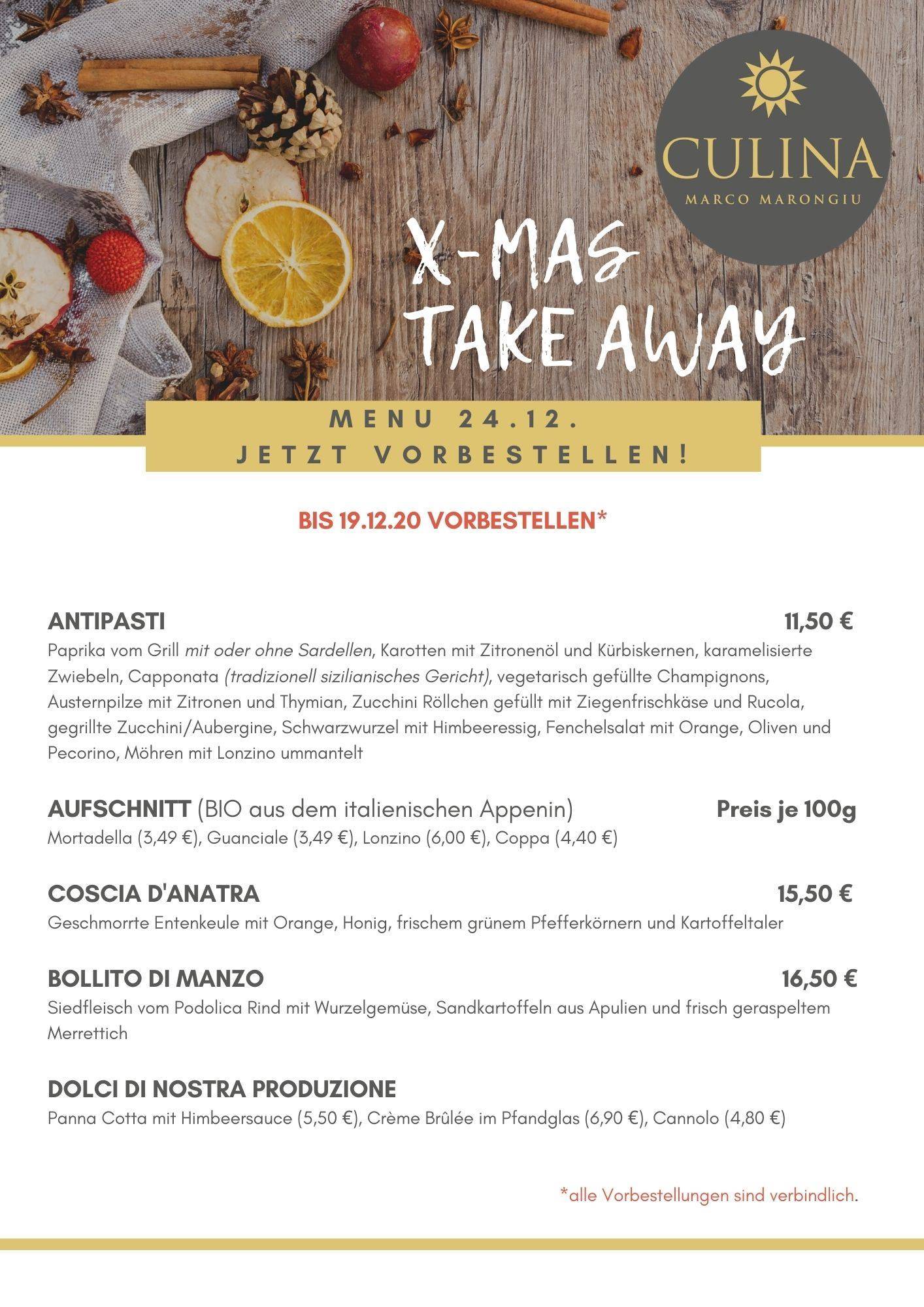 Menu at CULINA restaurant, Nuremberg