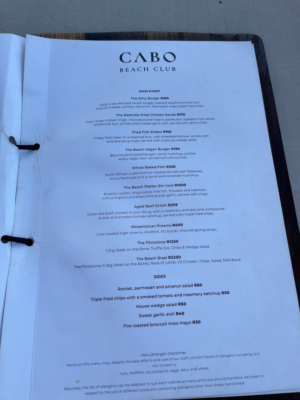 Menu at Cabo Beach Club, Cape Town