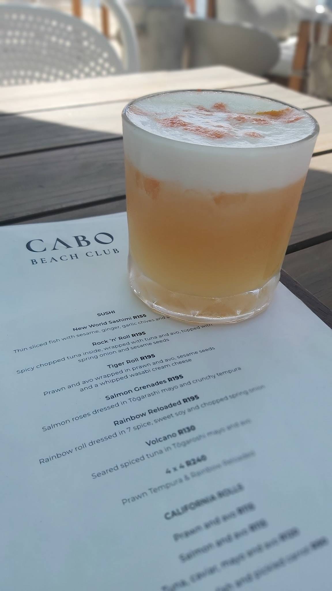 Menu at Cabo Beach Club, Cape Town