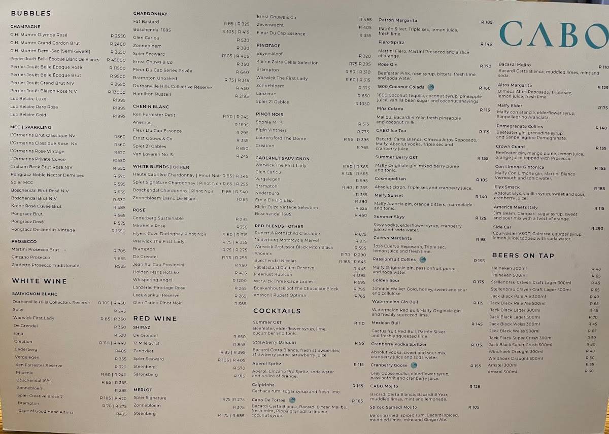 Menu au Cabo Beach Club, Le Cap