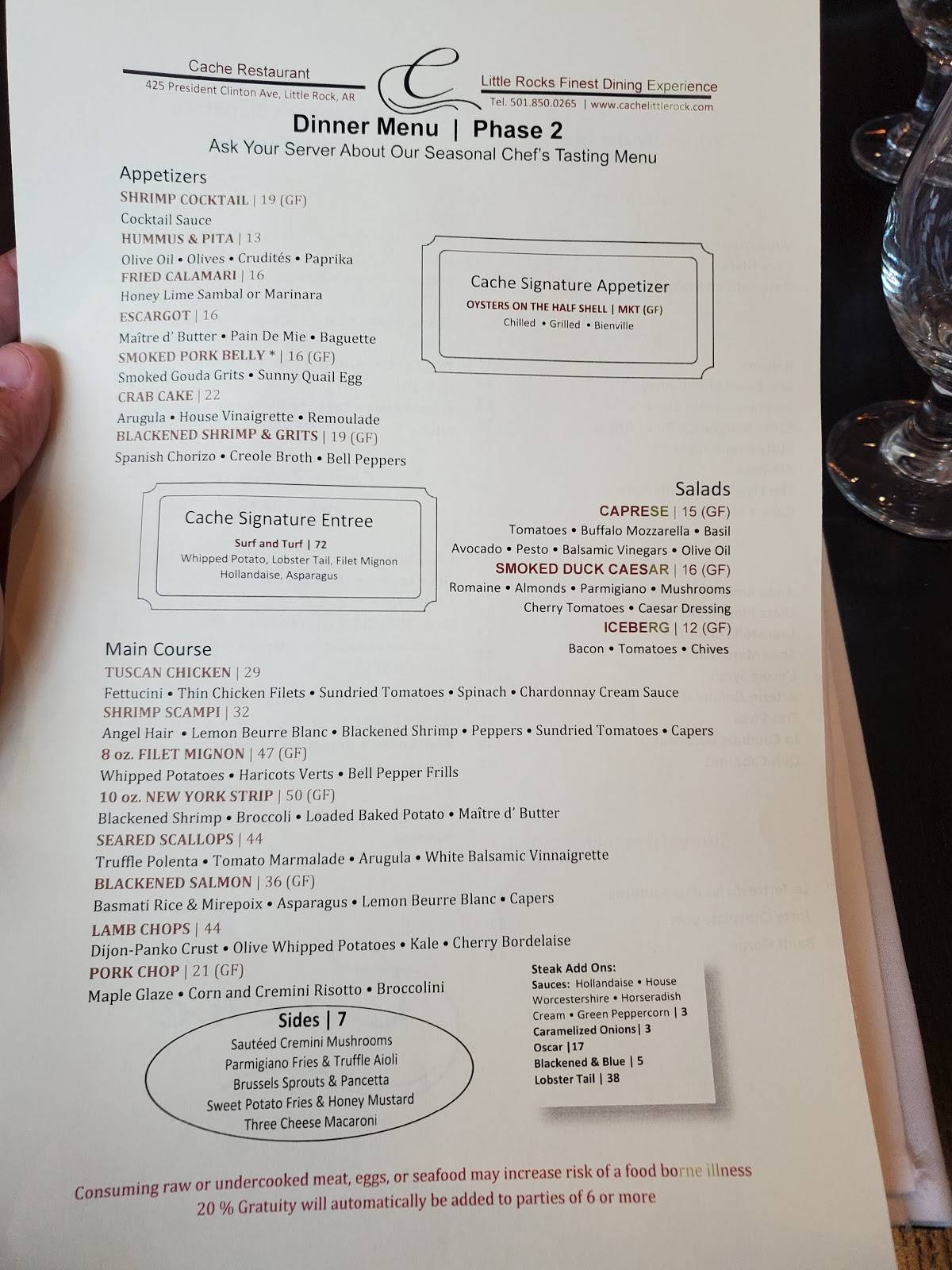 Menu at Cache Restaurant, Little Rock