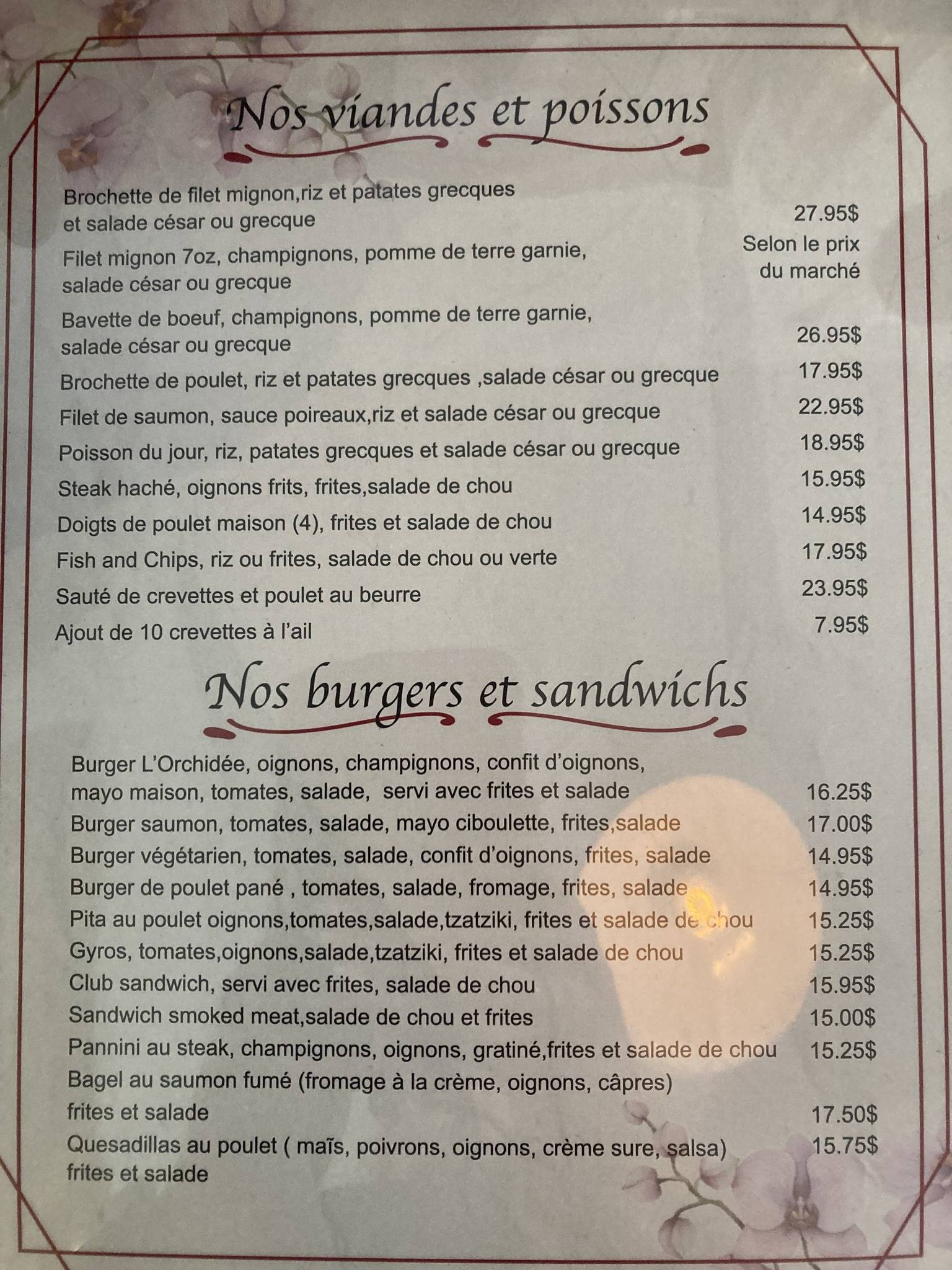 Menu au Café L'Orchidée, Cookshire-Eaton