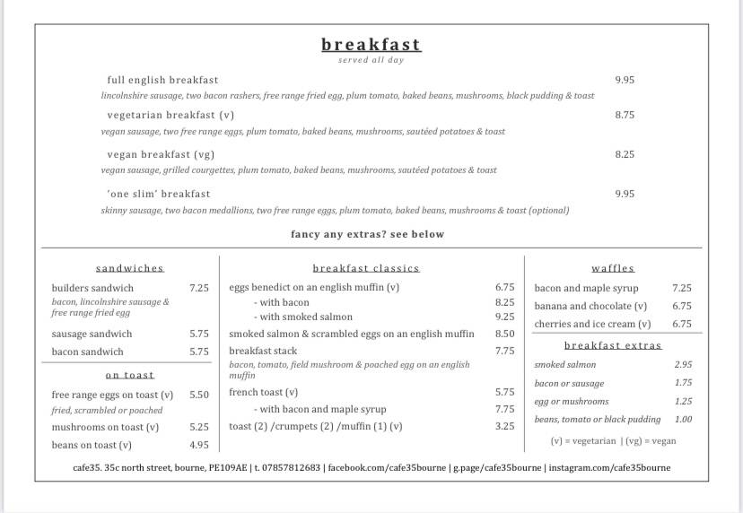 Menu at Cafe 35, Bourne