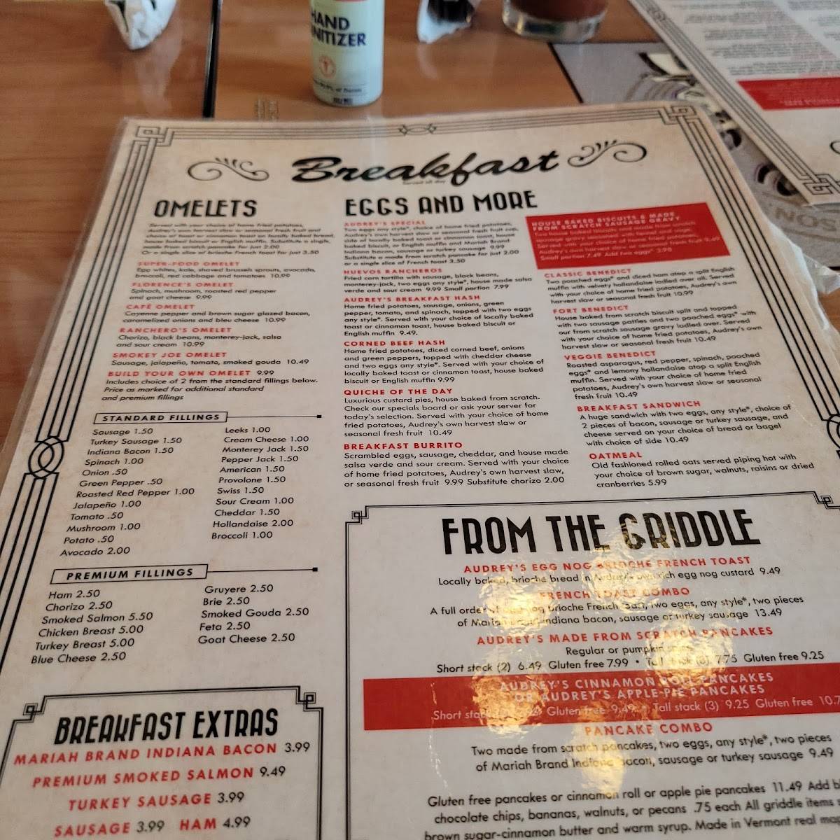 Menu at Cafe Audrey at Fort Ben, Indianapolis