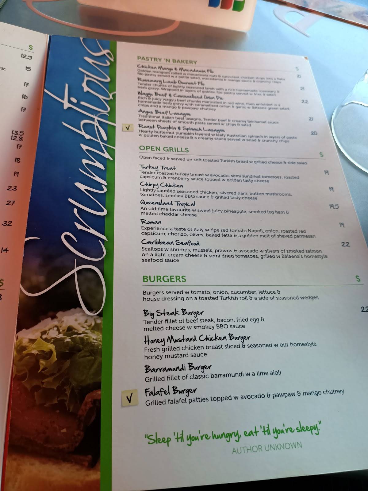 Menu at Cafe Balaena, Urangan