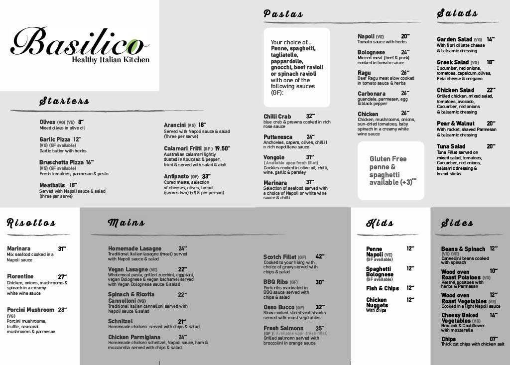 Menu at Basilico Cafe, Prospect