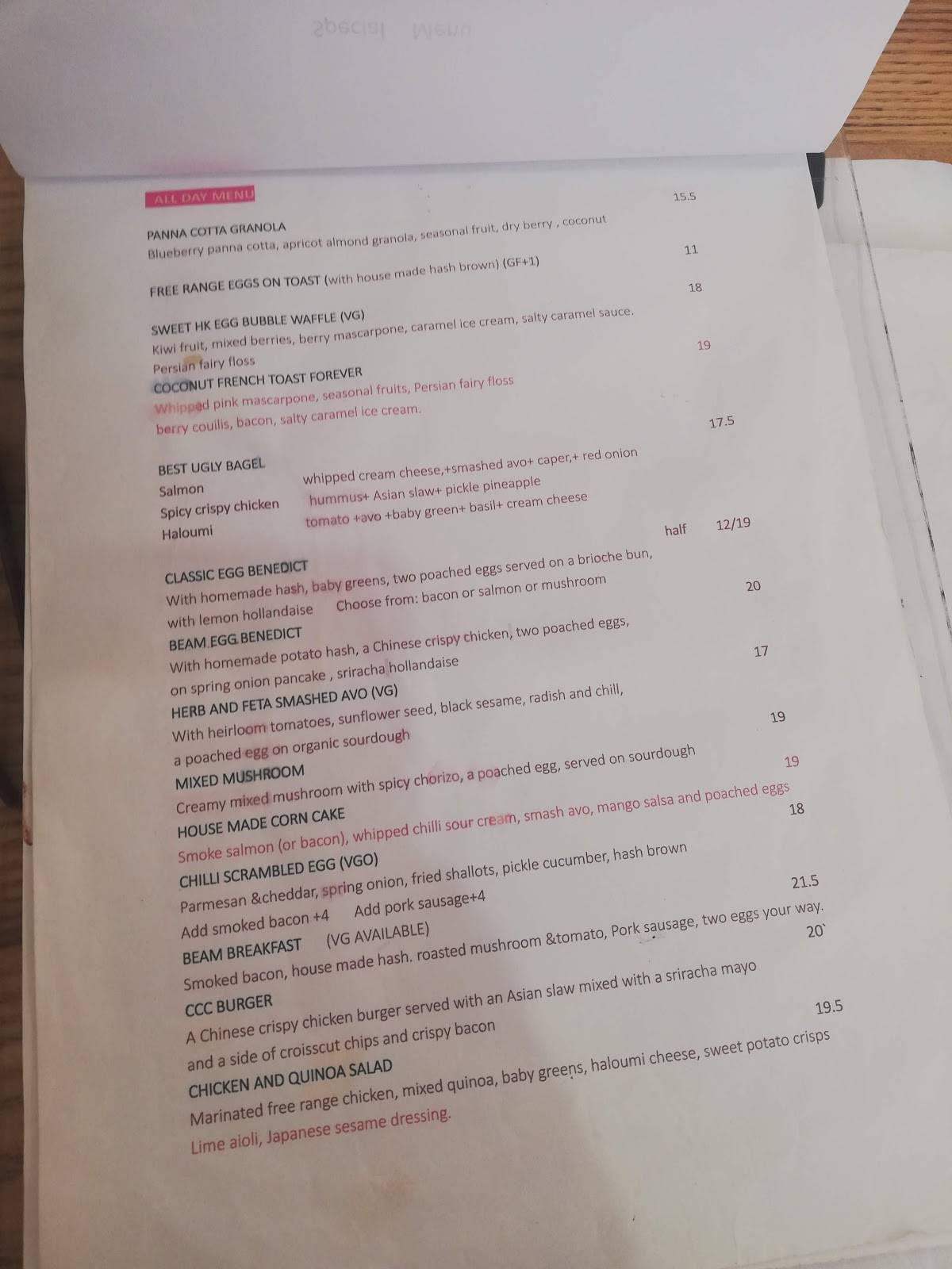 Menu at Beam Cafe, Auckland
