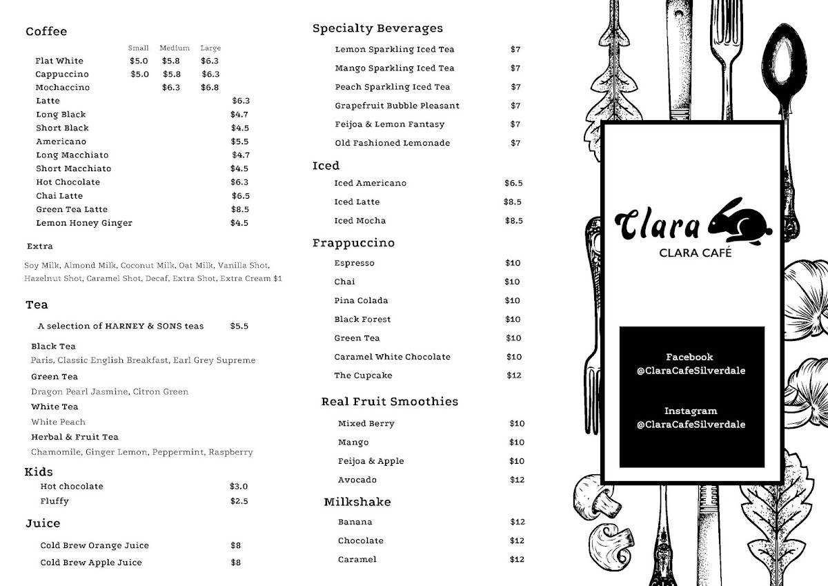 Menu at Clara Café Silverdale cafe, Auckland