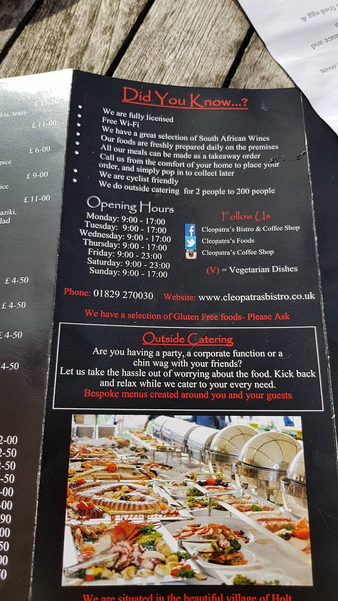 Menu at Cleopatra's Coffee Shop/Bistro cafe, Holt