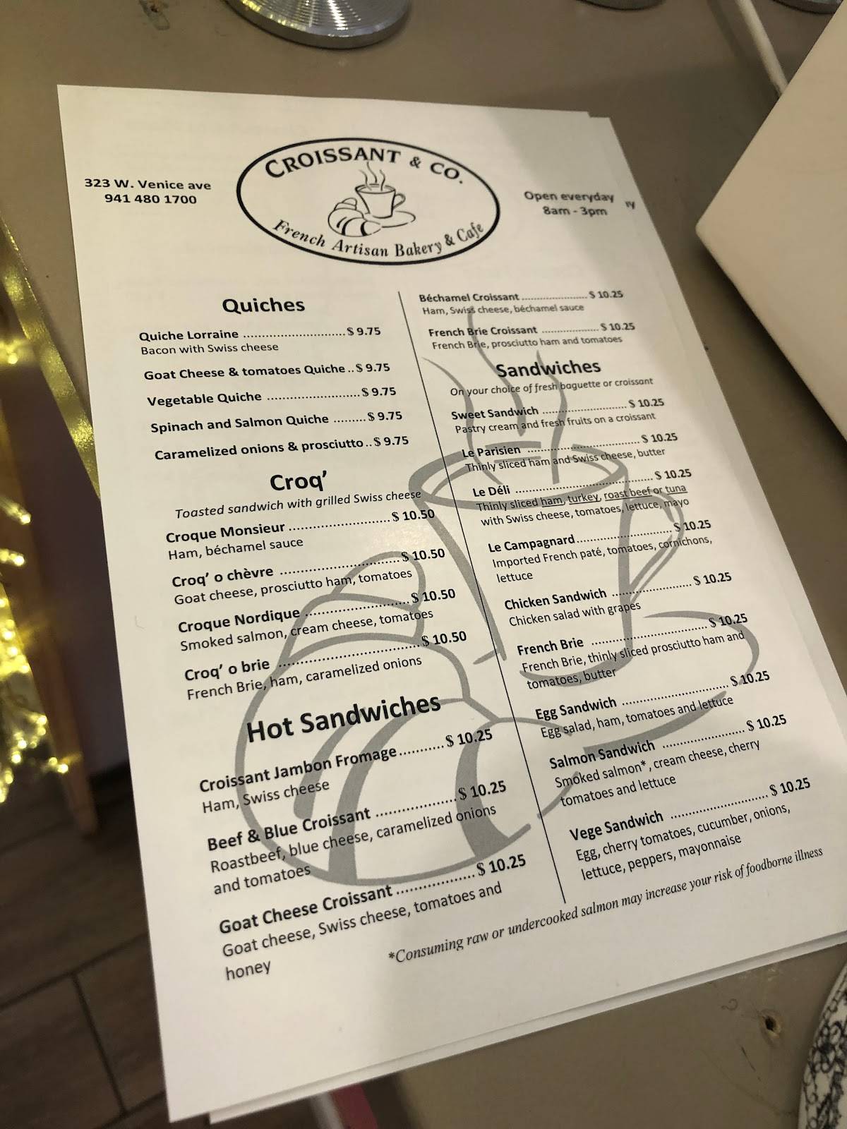 Menu at Croissant & Co cafe, Venice