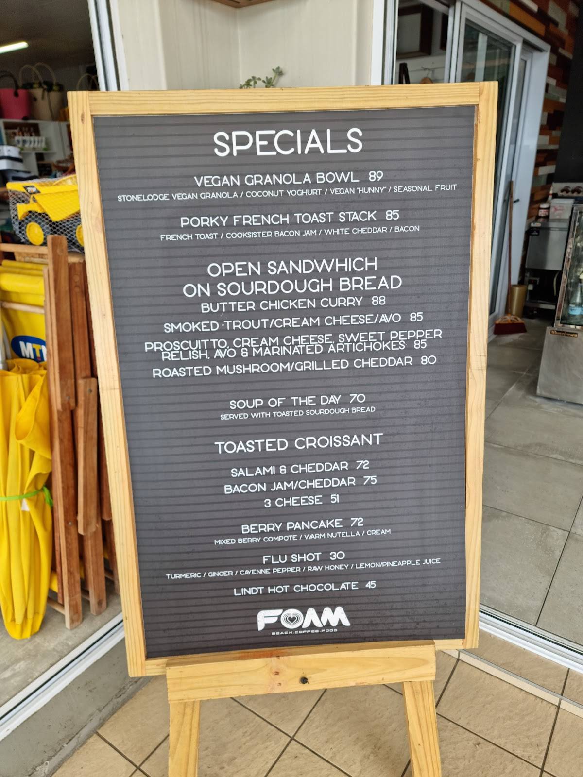 Menu at FOAM Coffee cafe, Umdloti