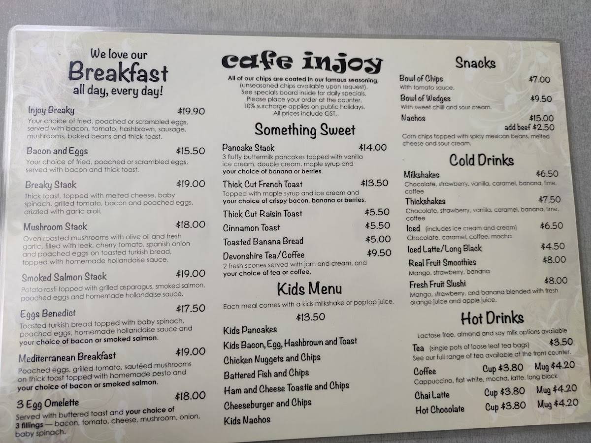 Menu at Cafe Injoy, Nicholls