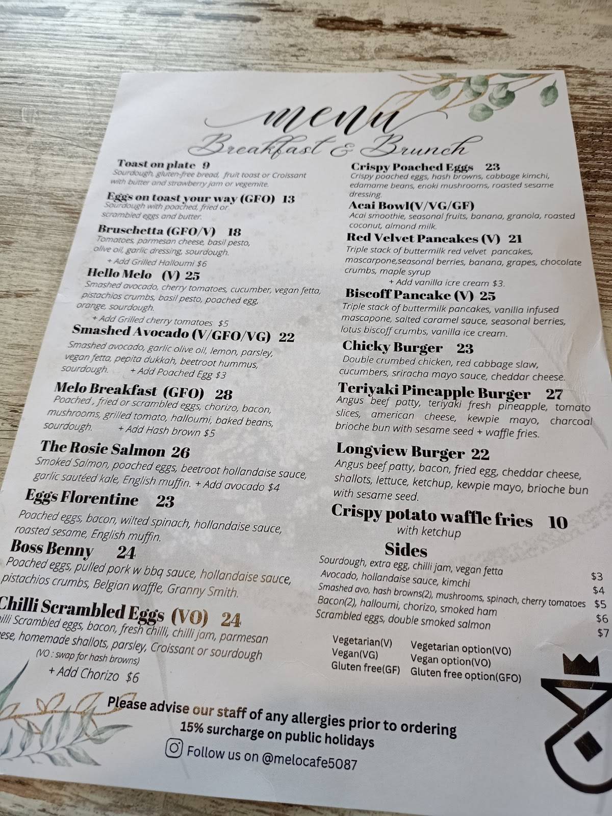 Menu at Melo Cafe, Windsor Gardens