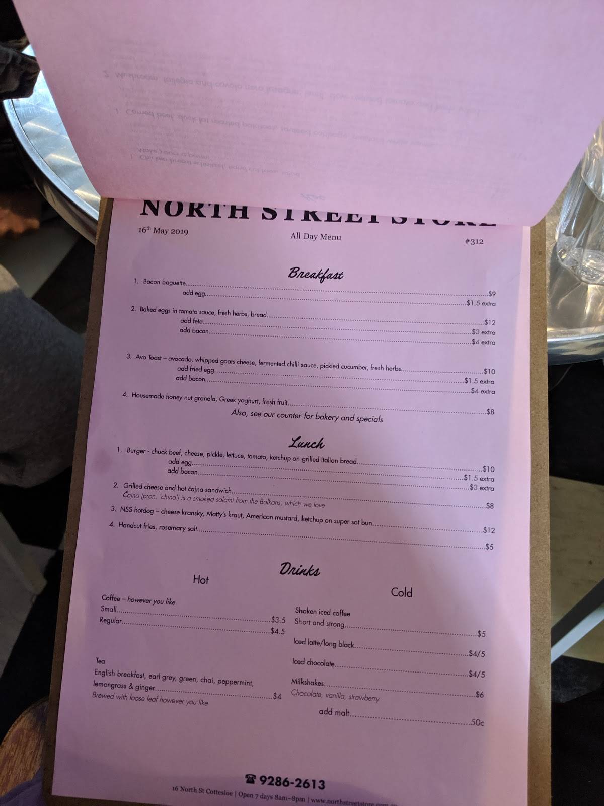 Menu at North Street Store cafe, Cottesloe