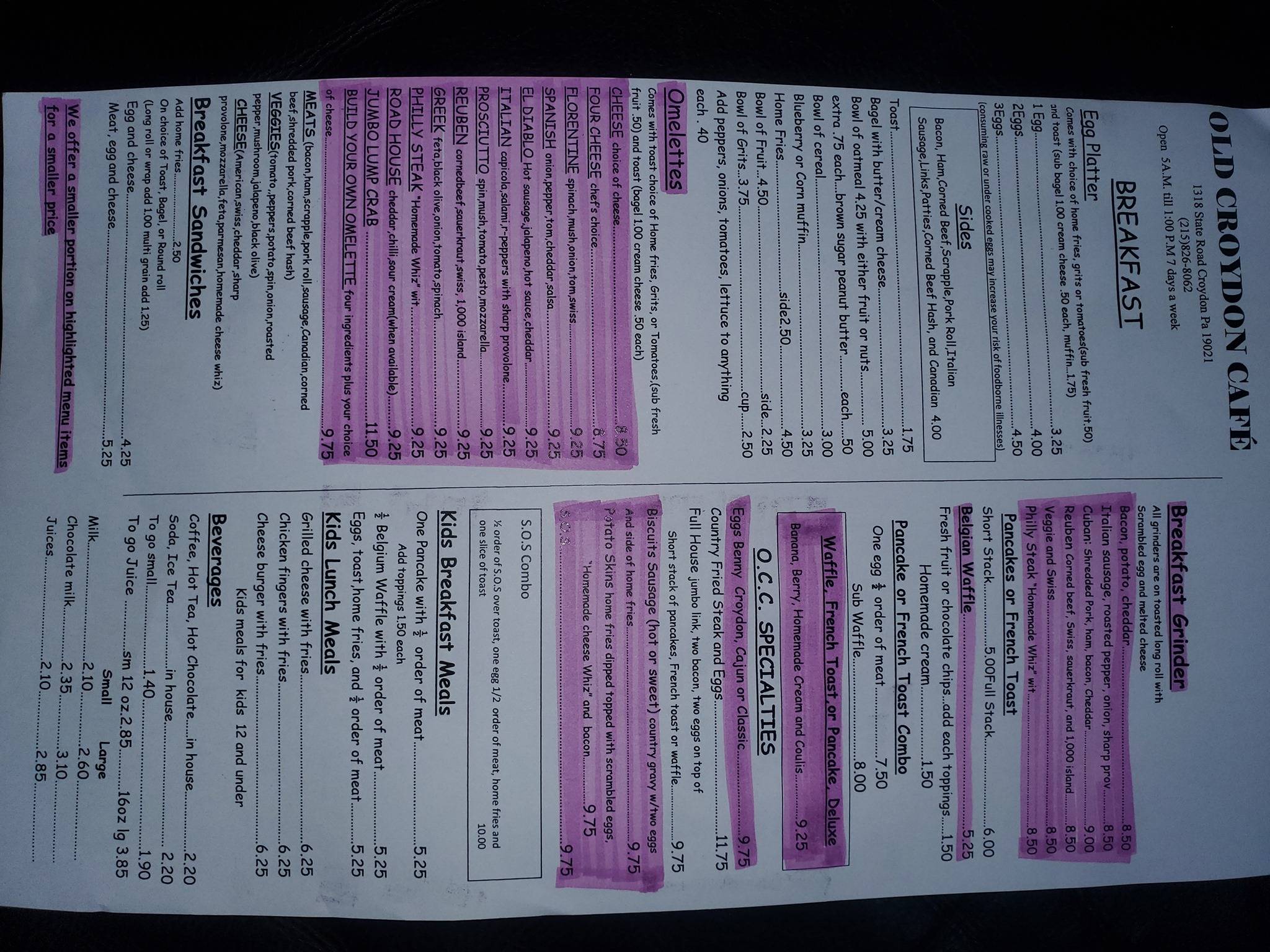 Menu at Old Croydon Cafe, Croydon