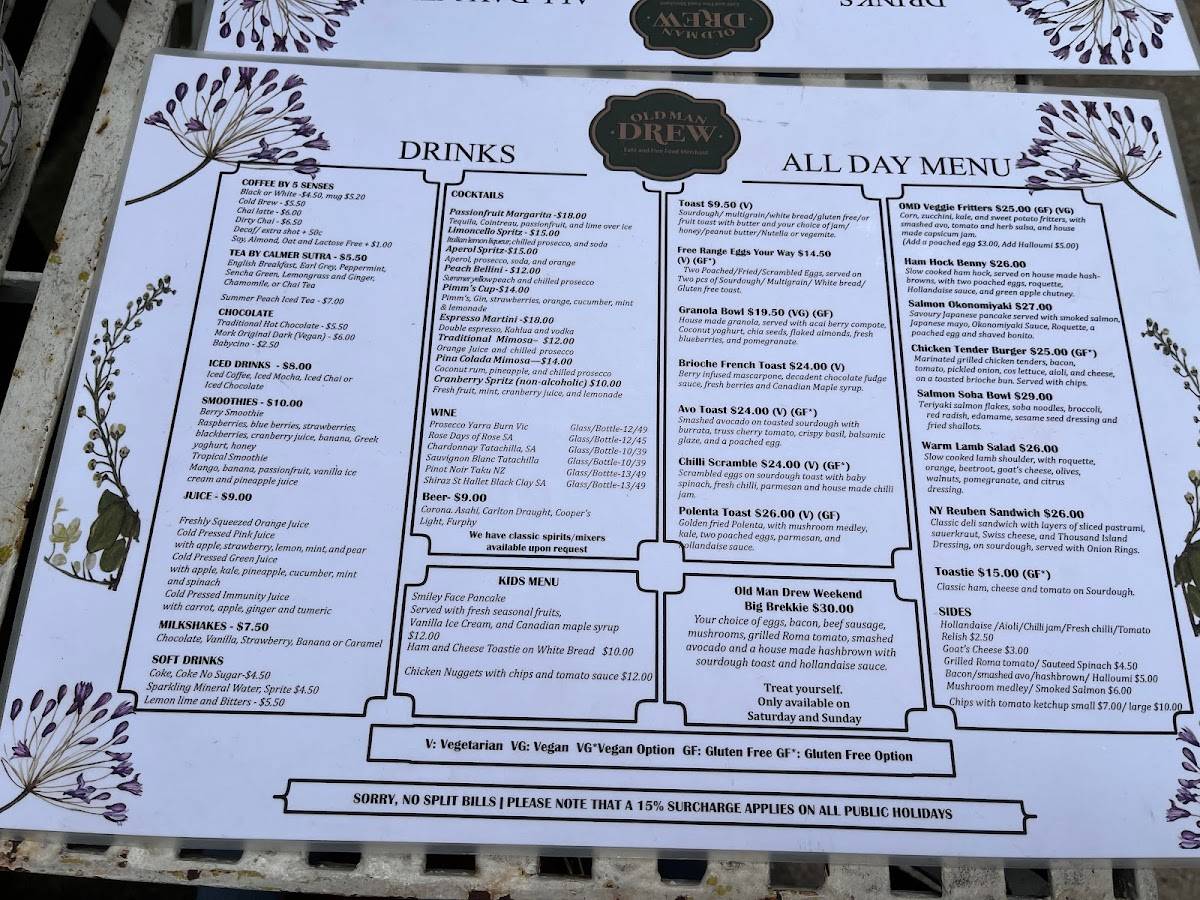 Menu at Old Man Drew cafe, Ascot Vale