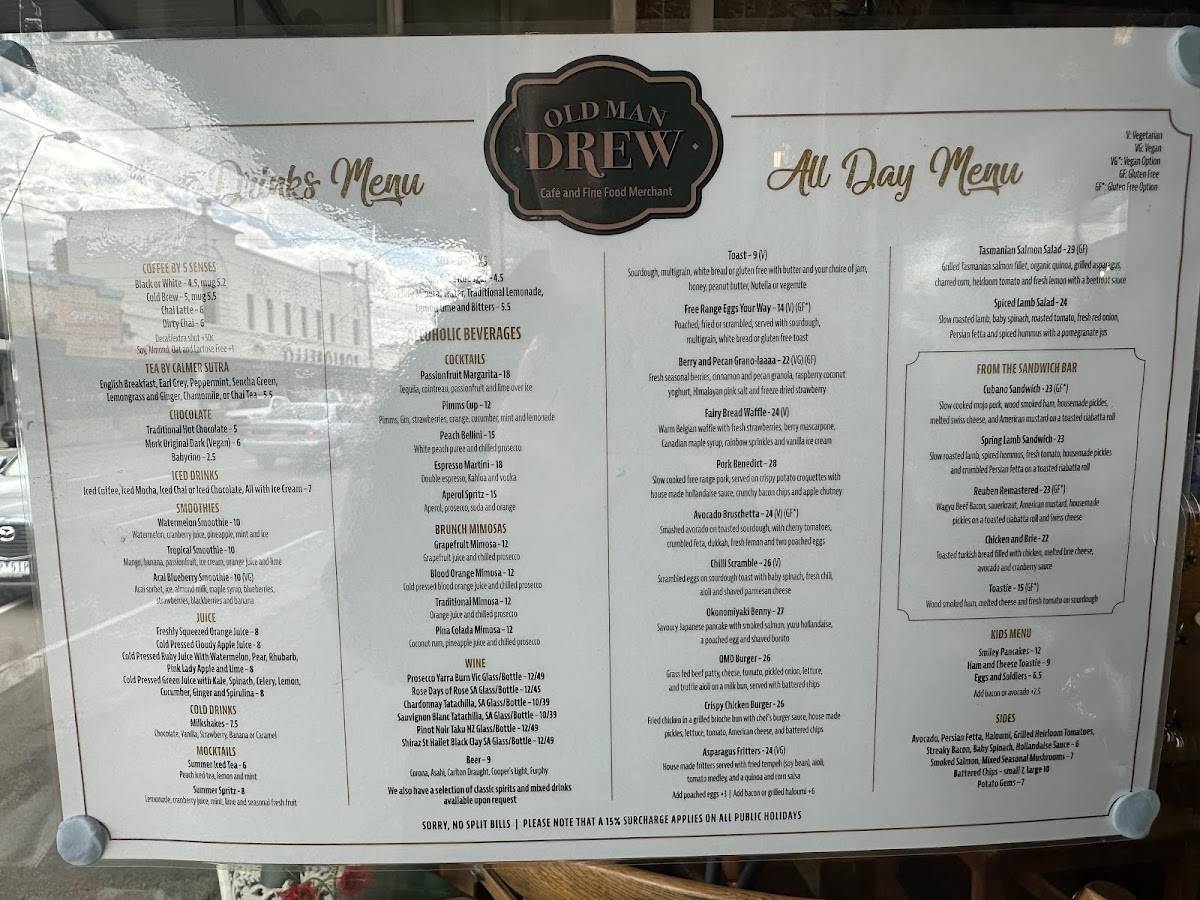 Menu at Old Man Drew cafe, Ascot Vale