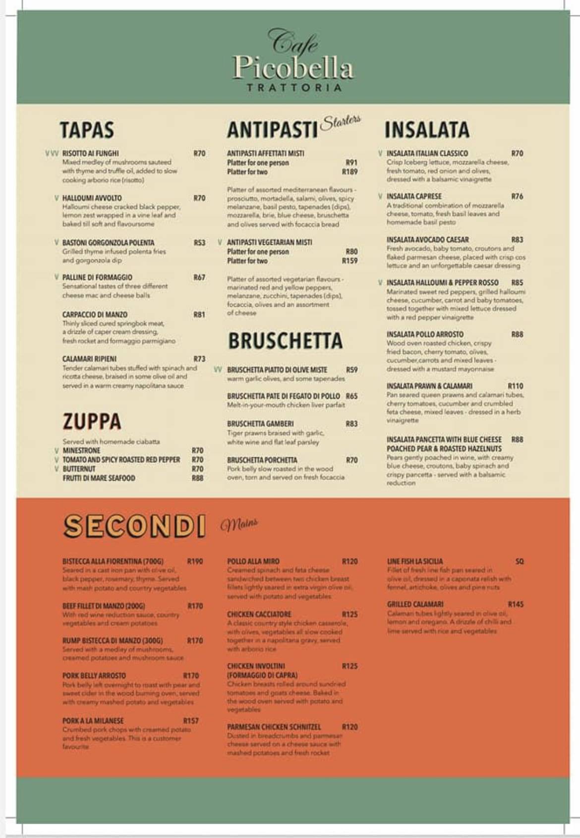 Menu at Cafe Picobella Trattoria, Johannesburg