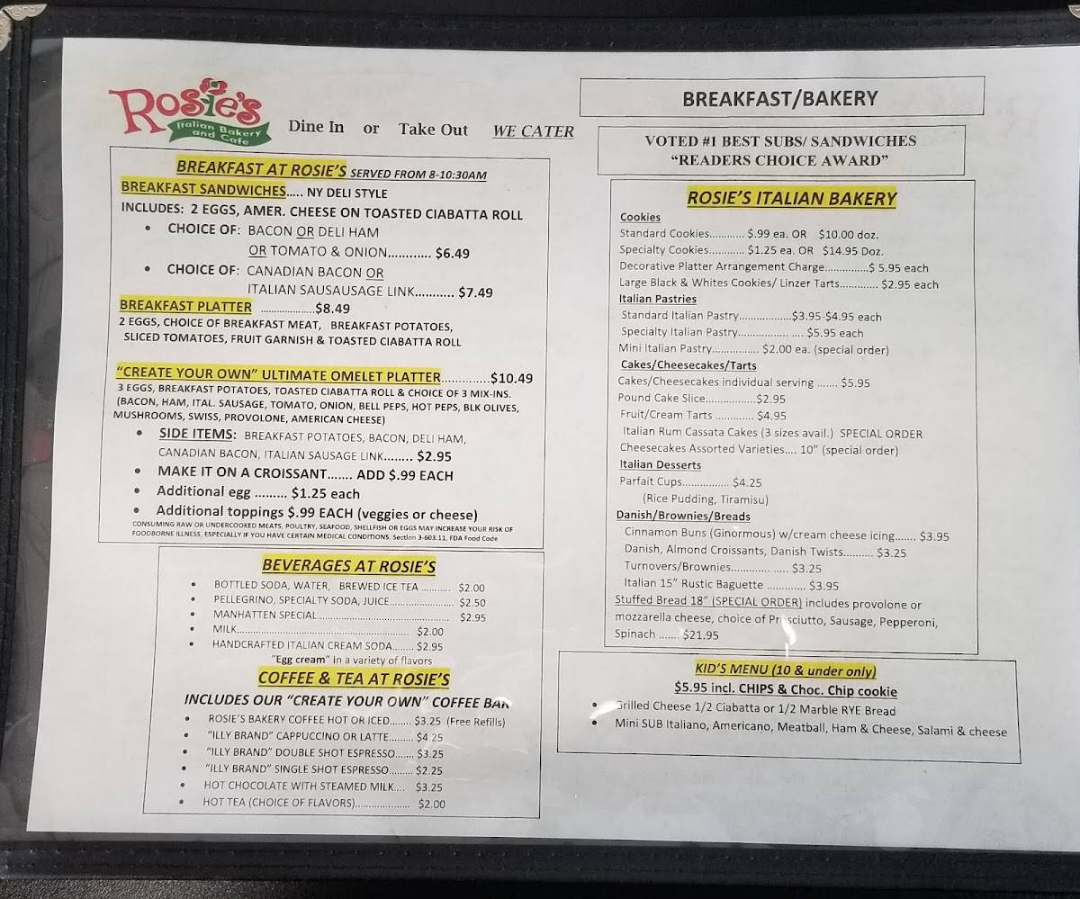 Menu at Rosie's Italian Bakery & NY Style Deli, Daytona Beach
