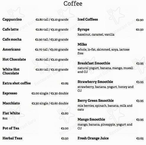 Menu at Cafe Sora, Dublin