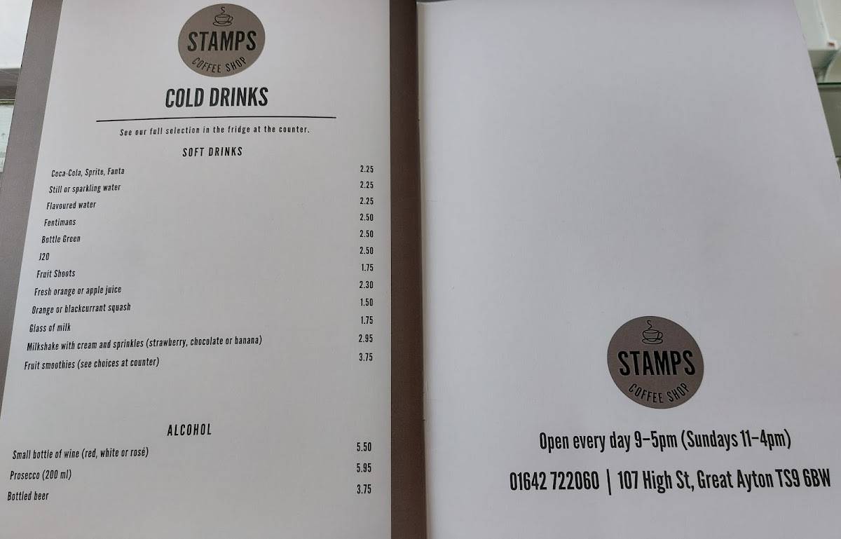 Menu at Stamps Coffee Shop cafe, Great Ayton