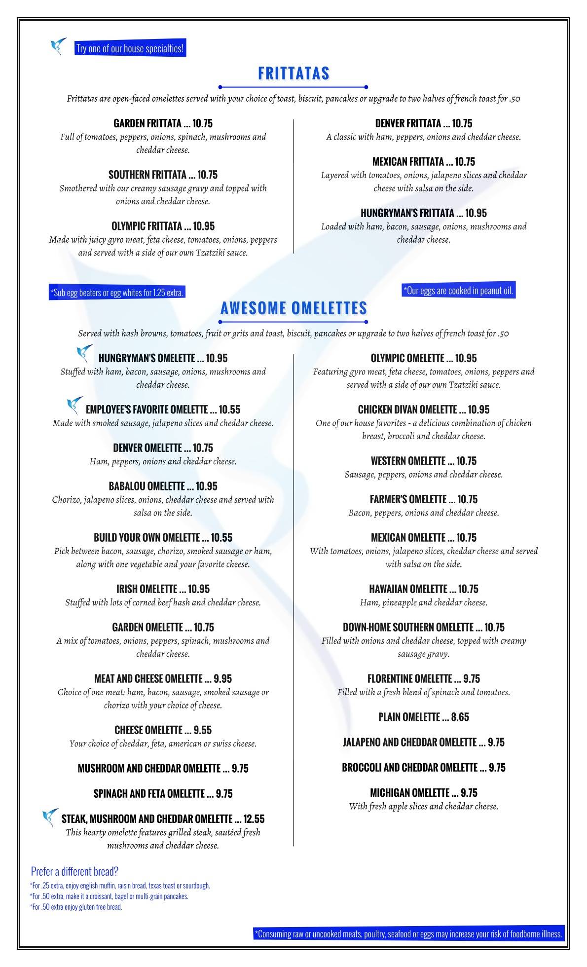 Menu at The Bluebird Restaurant, Fort Wayne