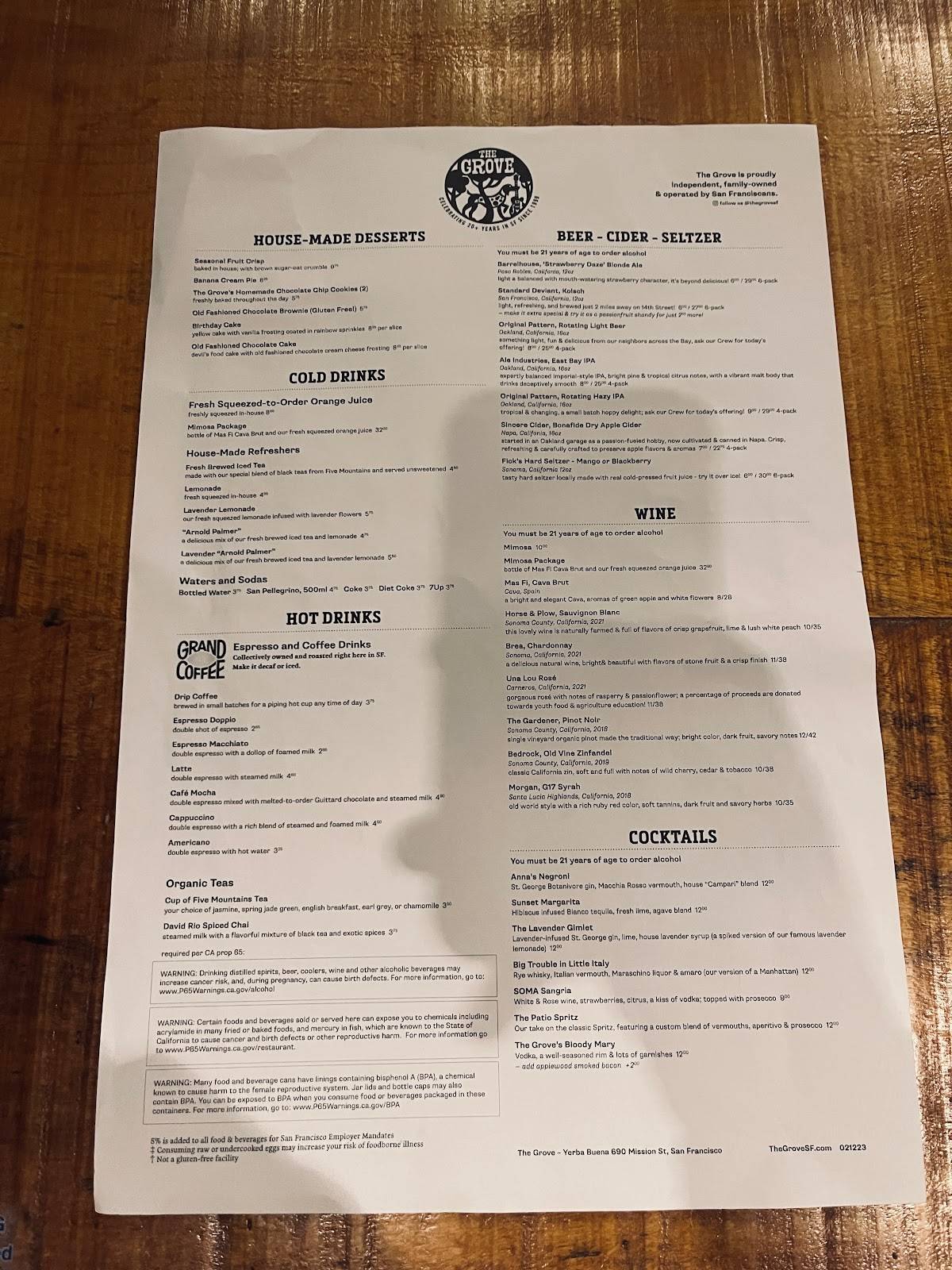 Menu at The Grove - Yerba Buena cafe, San Francisco, 690 Mission St