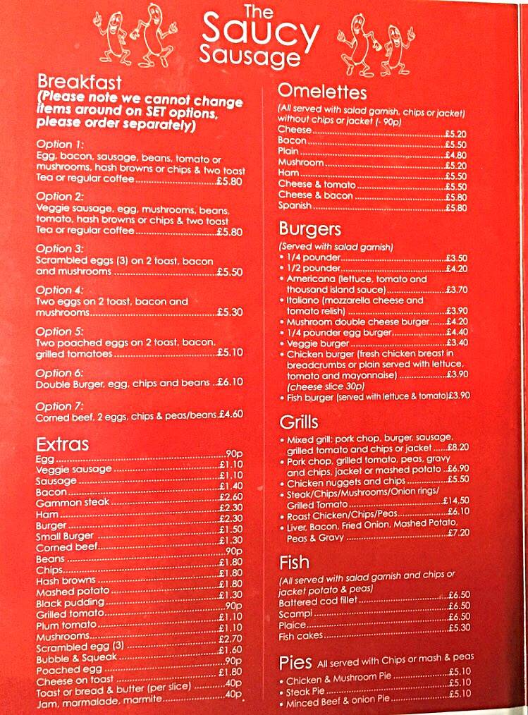 Menu at The Saucy Sausage cafe, Croydon, 259 Lower Addiscombe Rd