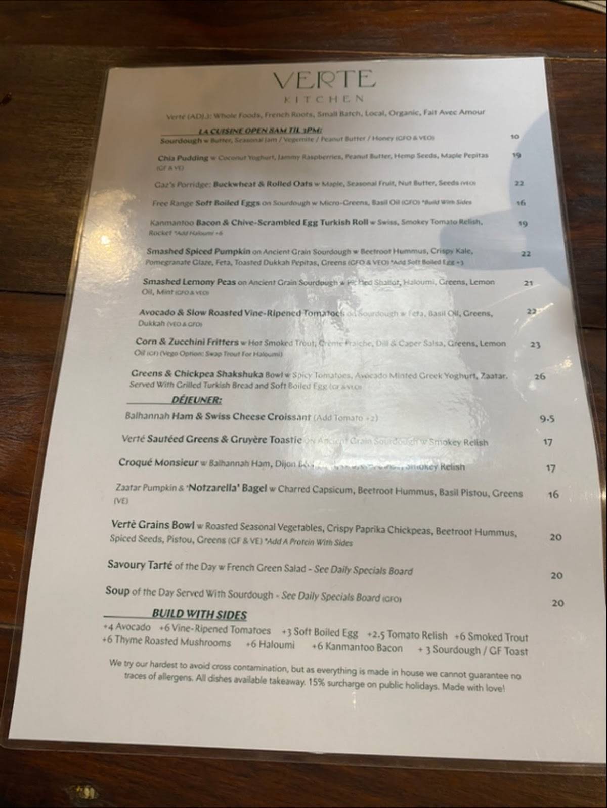 Menu at Verté Kitchen cafe, Mylor