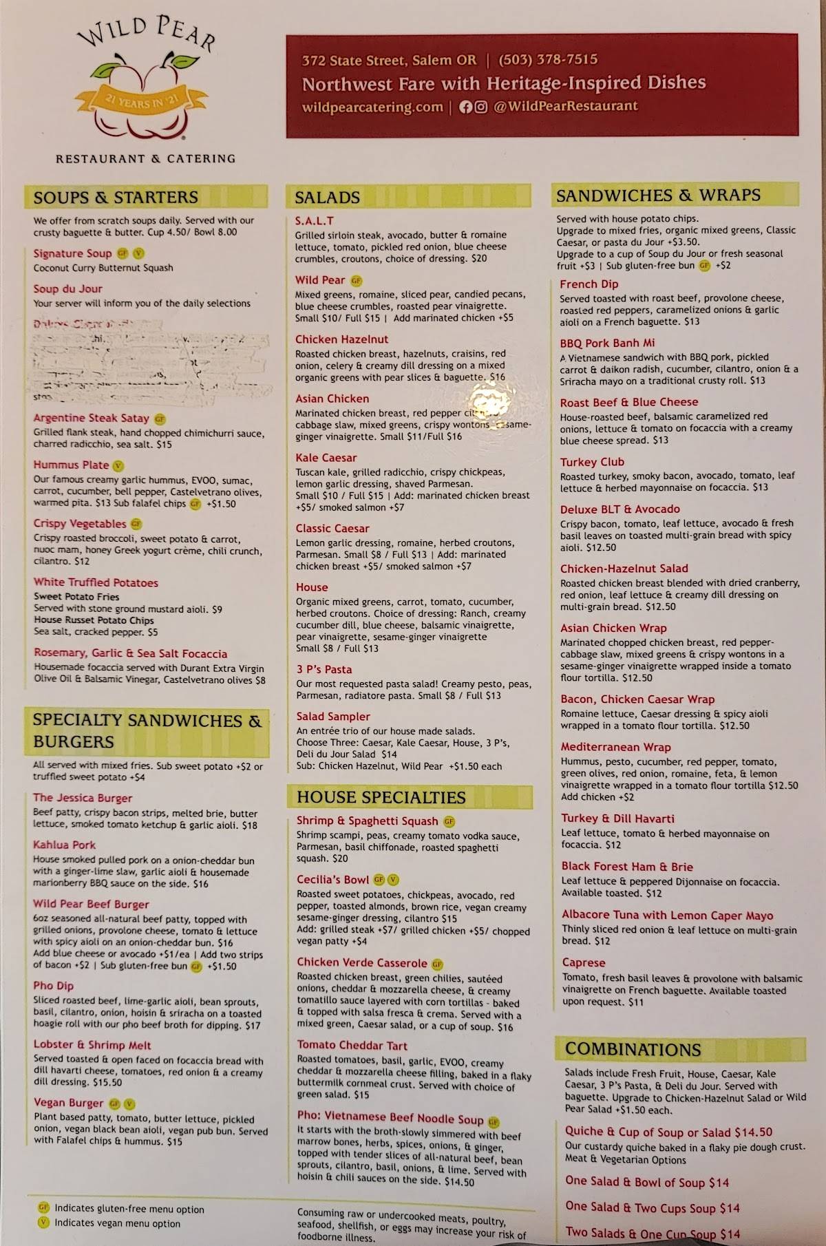Menu at Wild Pear cafe, Salem