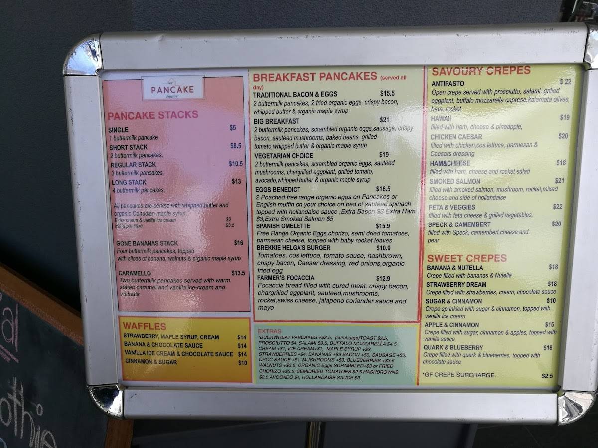 Menu at Helga's Pancake House cafe, Cairns City, 45-47 Spence St
