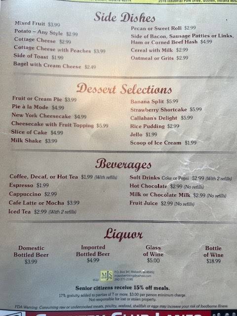 Menu at Callahan's Restaurant, Elkhart