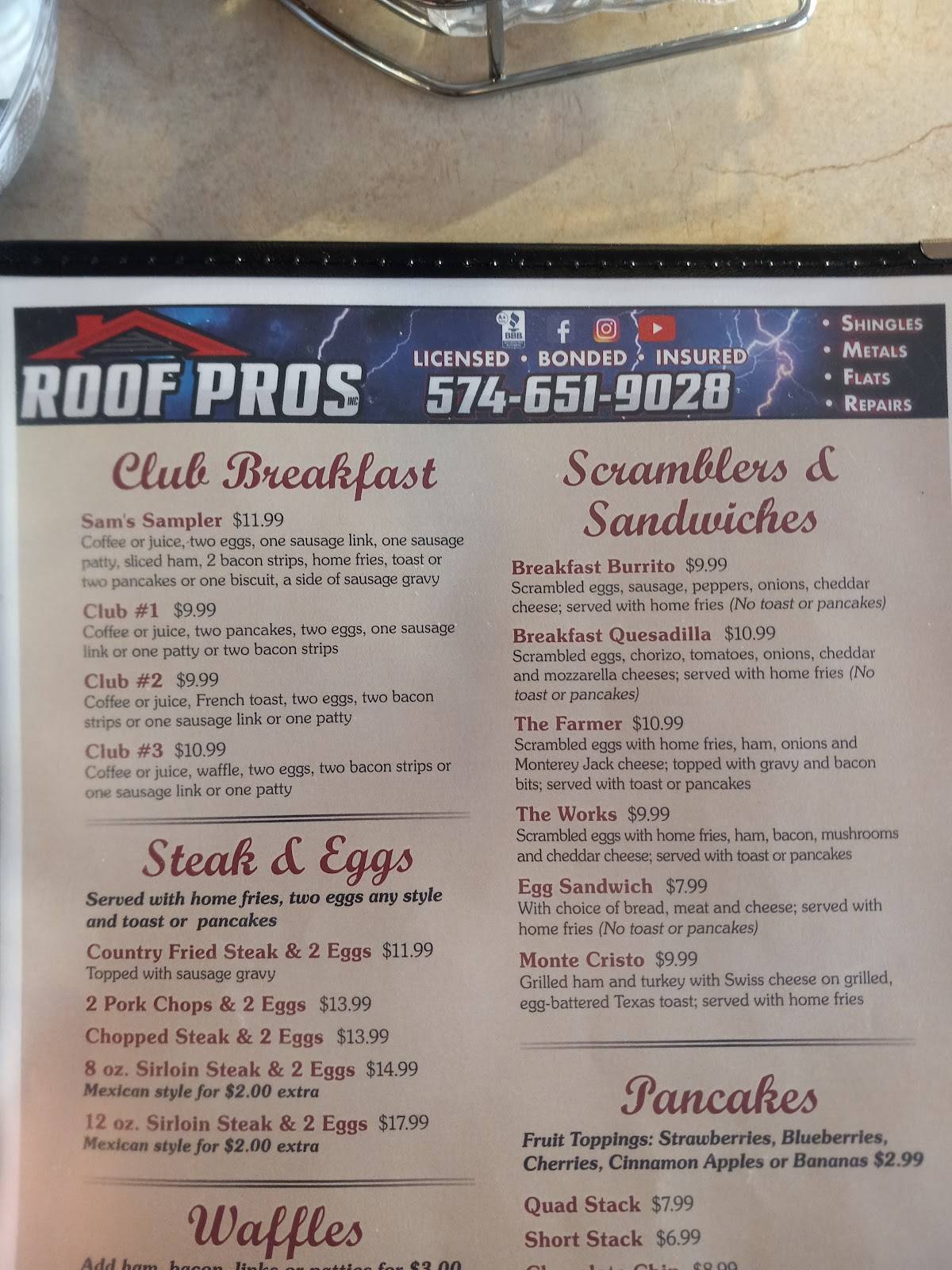 Menu at Callahan's Restaurant, Elkhart