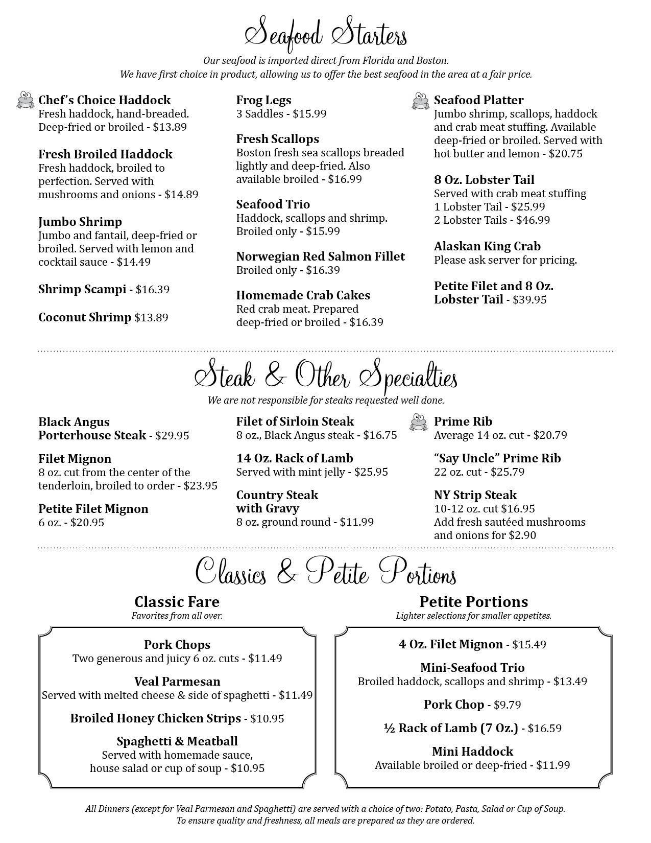 Menu at Frog Pond Restaurant, Canadohta Lake, Circuit Dr