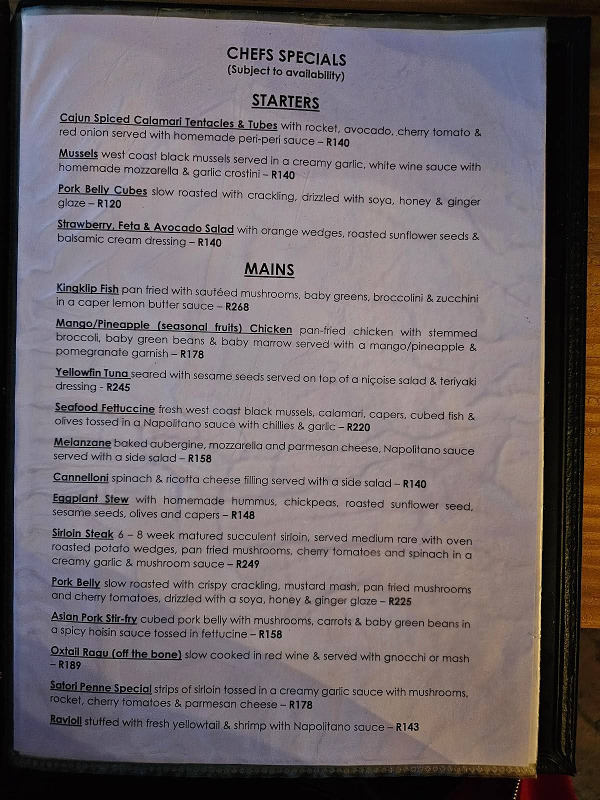 Menu at Satori Kalk Bay restaurant, Cape Town