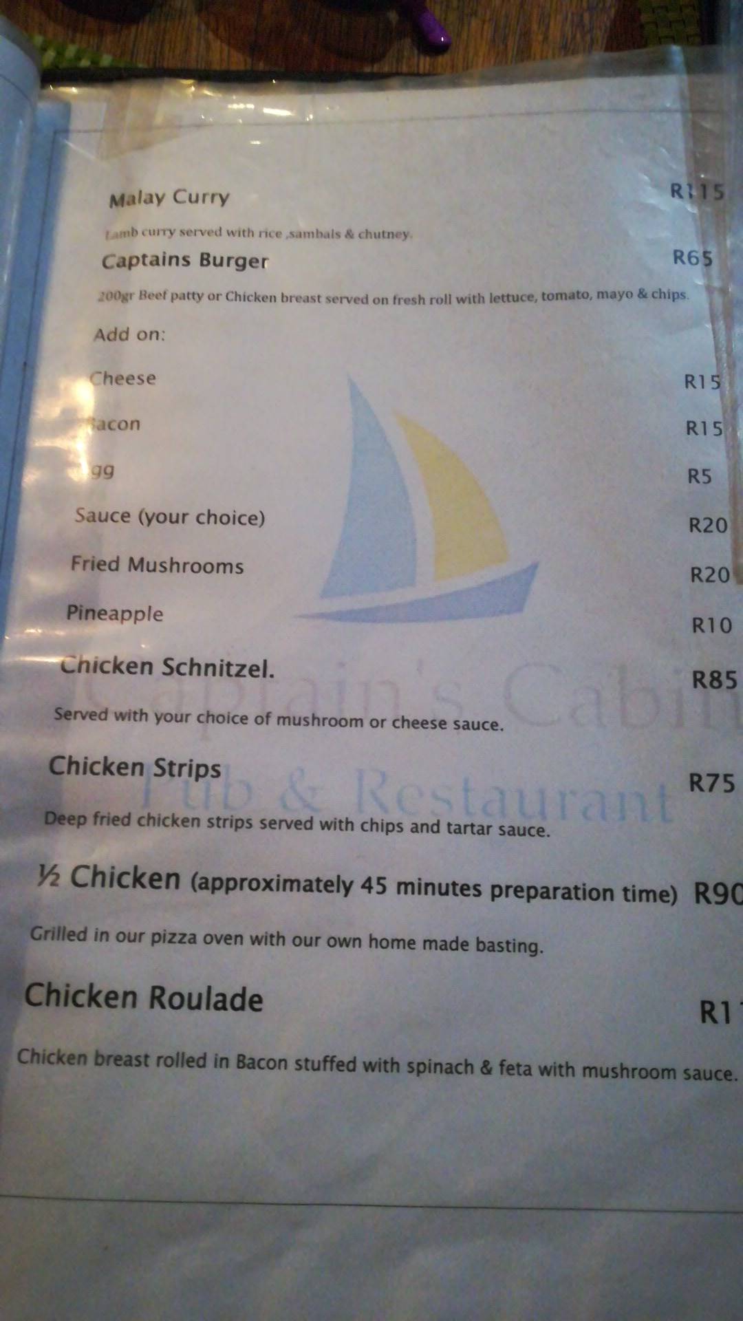 Menu at Captain's Cabin Restaurant & Pub, Saldanha