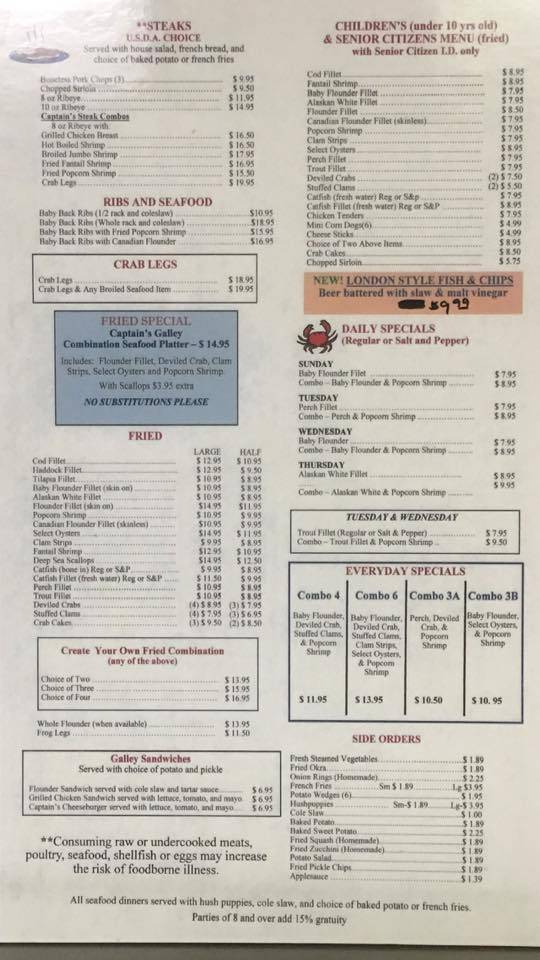 Menu at Captain's Galley Seafood restaurant, Granite Falls, Hickory Blvd