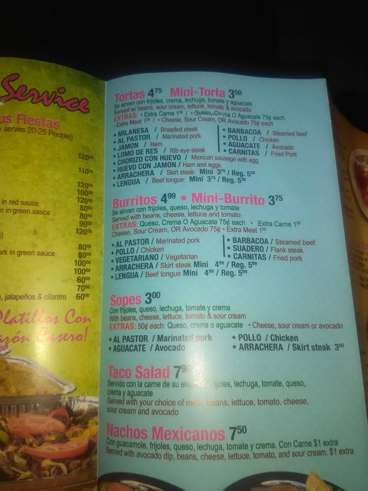 Menu at Carniceria y Taqueria Aguascalientes restaurant, Chicago, W 26th St
