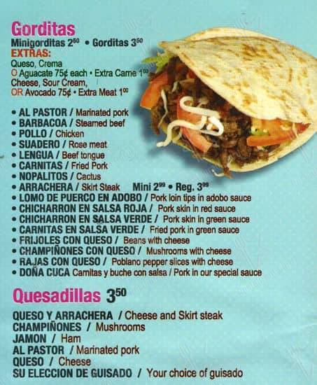 Menu at Carniceria y Taqueria Aguascalientes restaurant, Chicago, W 26th St