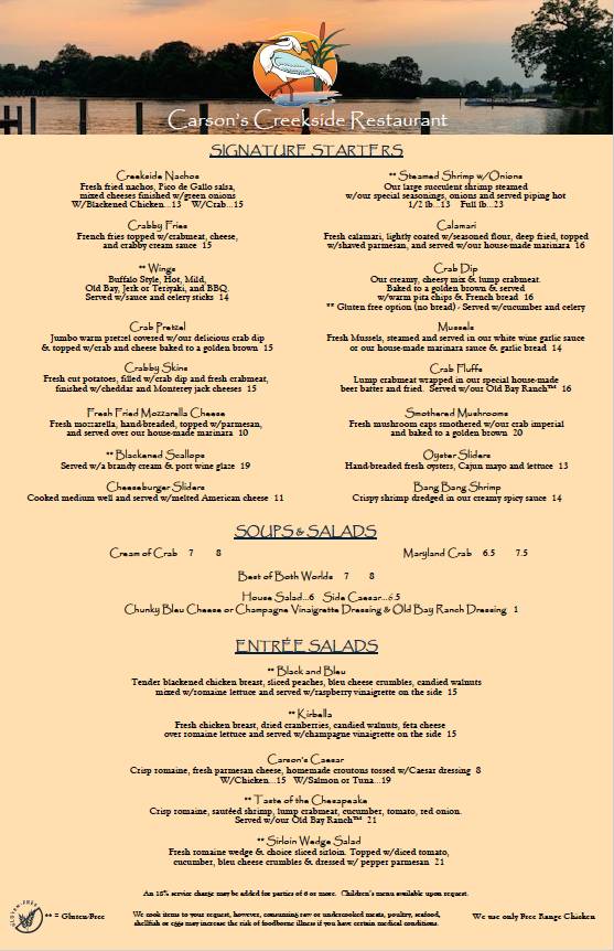 Menu at Carson's Creekside Restaurant, Middle River